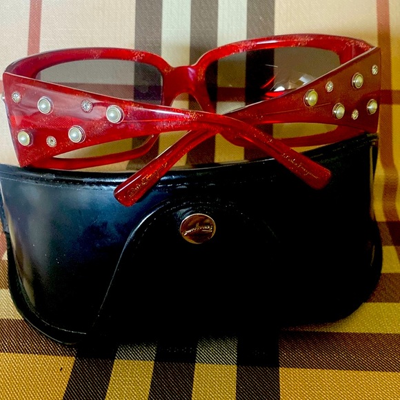 Salvatore Ferragamo Crystal Pearl Encrusted Logo Sparkling Red Sunglasses
